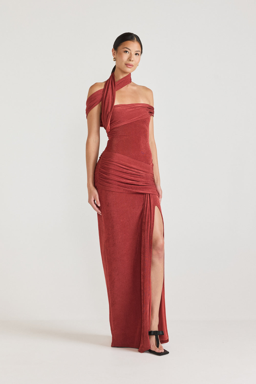 TOJHÀ | ADDONIA DRESS - Maxi Jersey Gown with Off Shoulder Wrap Detail ...